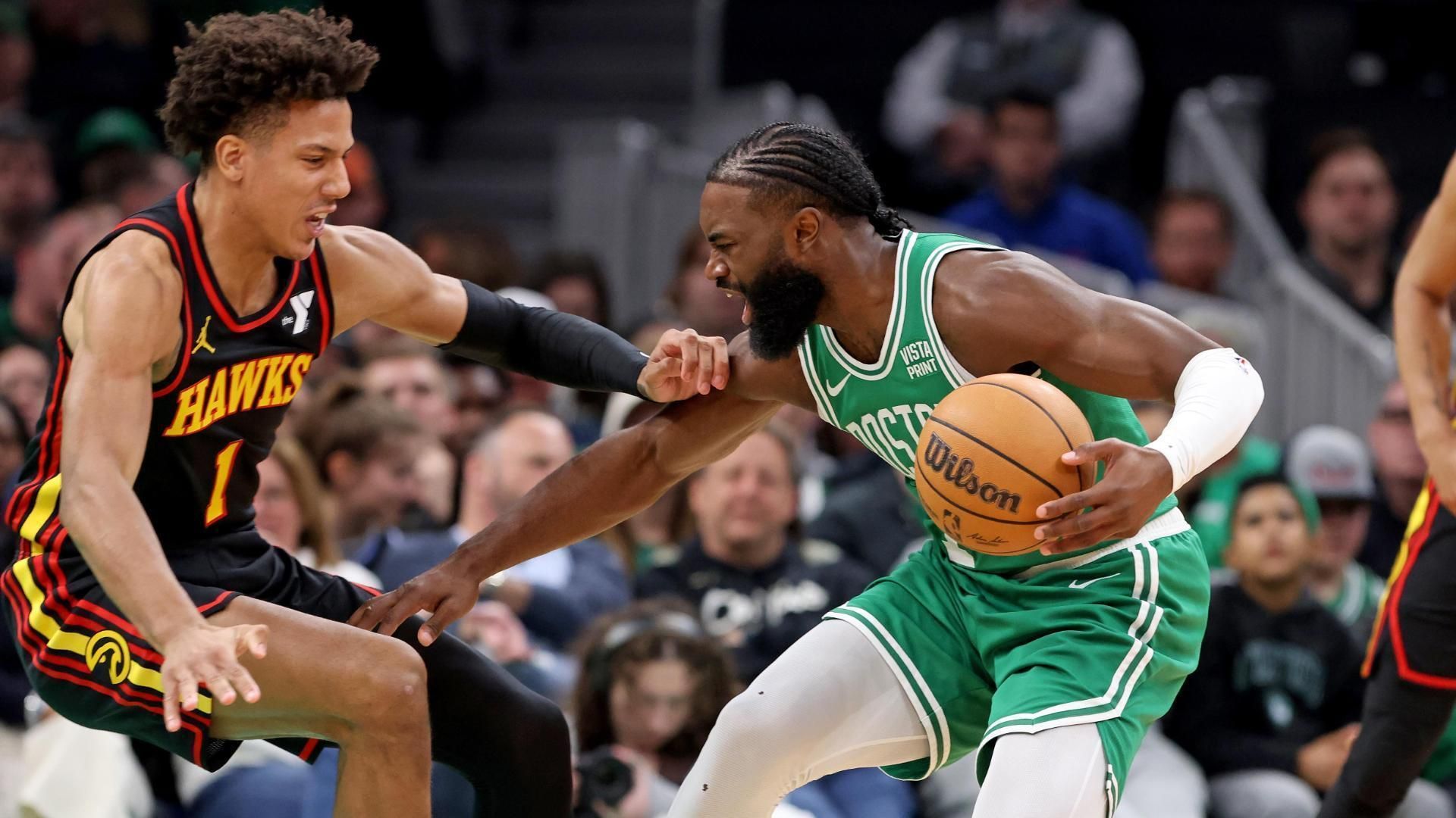 Jaylen Brown sends Jalen Johnson to the floor on nice move - ESPN Video