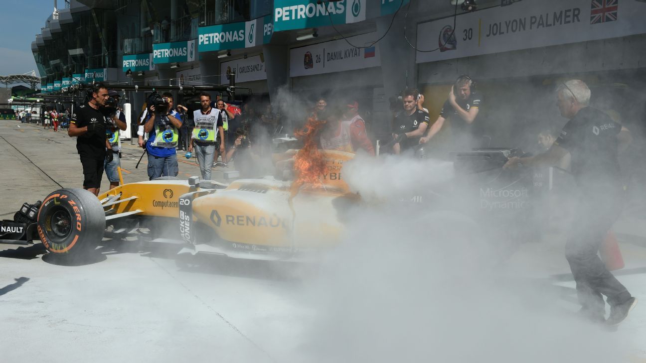 Dramatic Renault fire brings out red flags in FP1 - ESPN