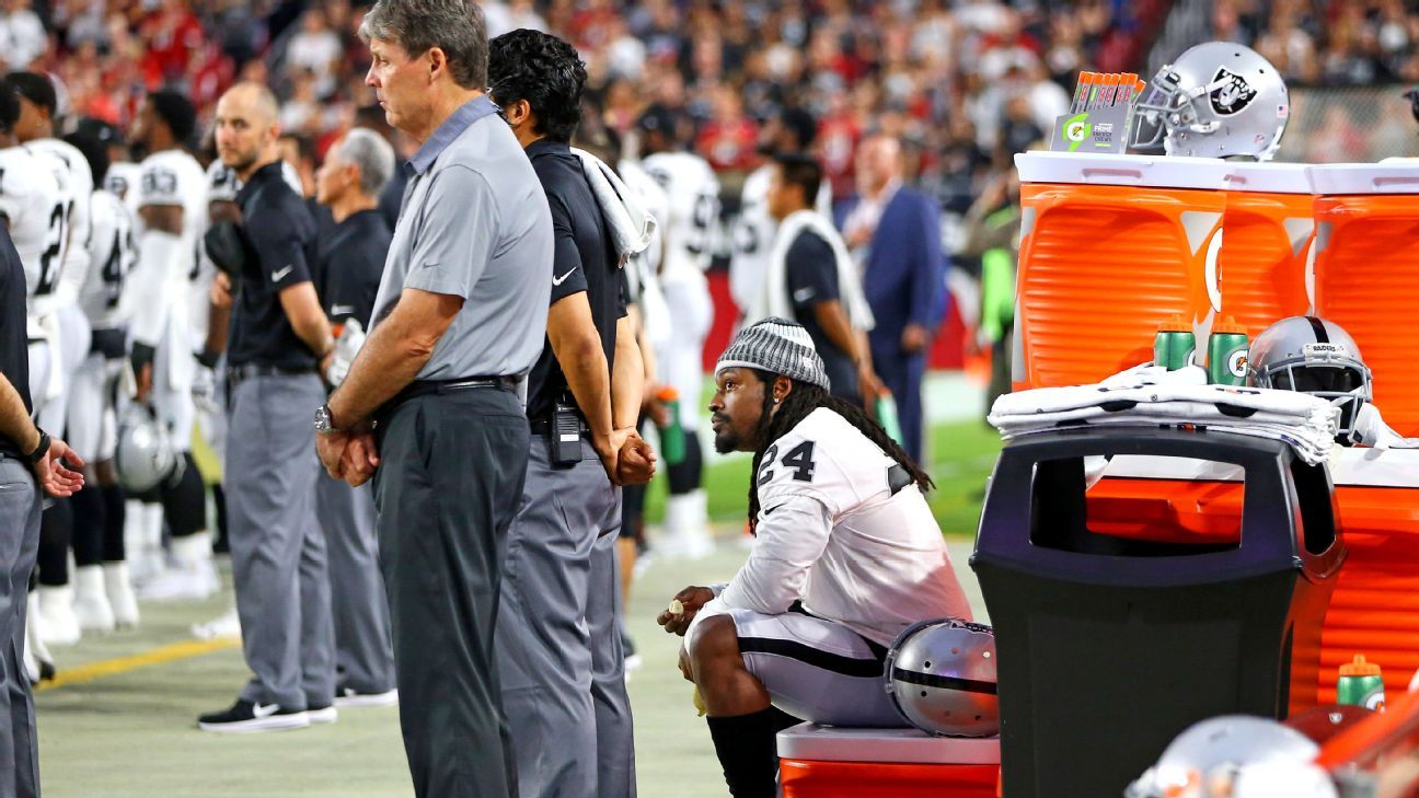 Oakland Raiders' Marshawn Lynch remains seated during national anthem ...