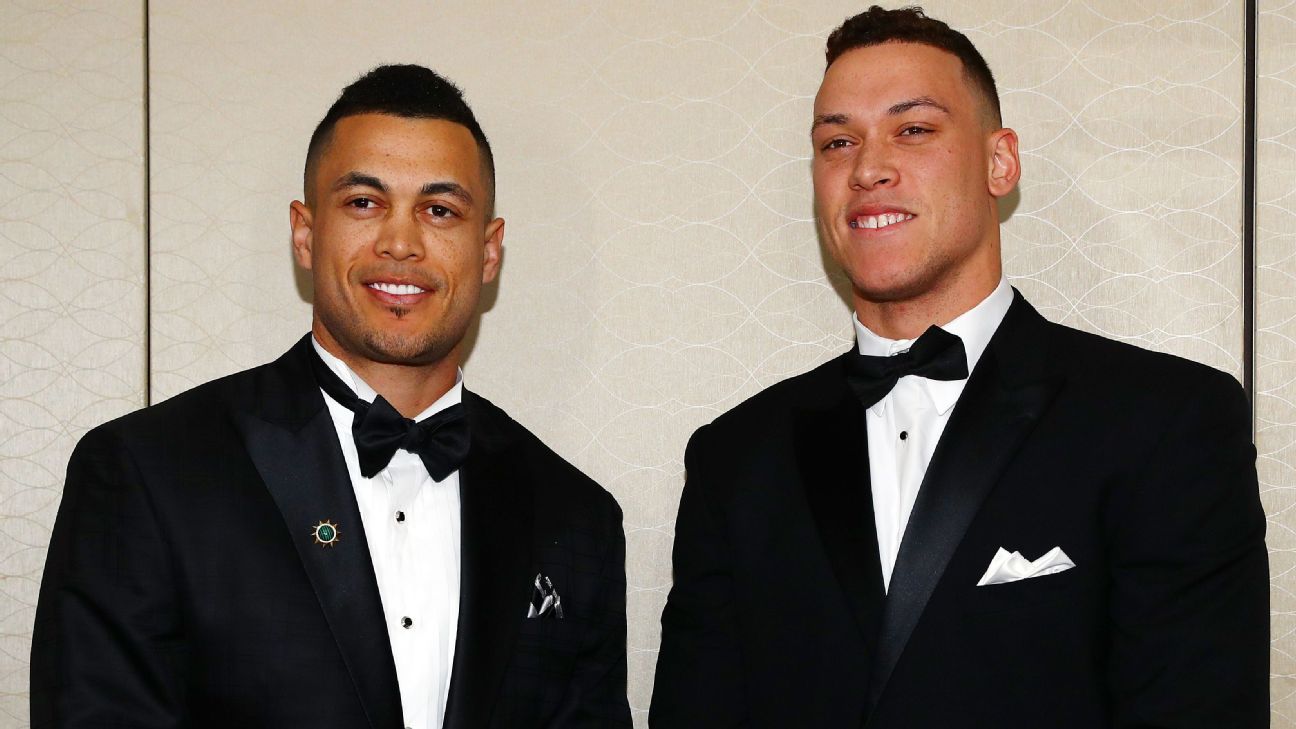 Giancarlo Stanton, Aaron Judge of New York Yankees side by side at ...