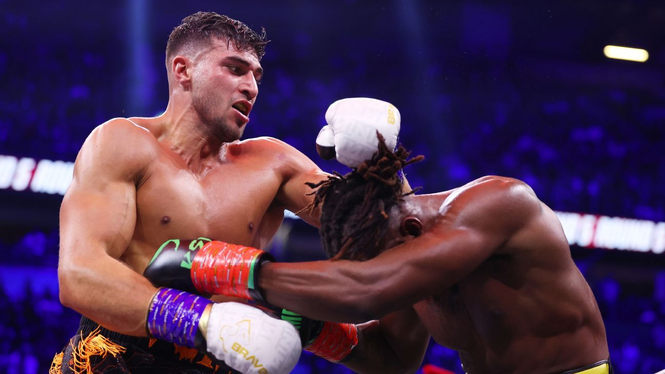 Tommy Fury passa sufoco de novo, mas vence rapper em luta de boxe com ...